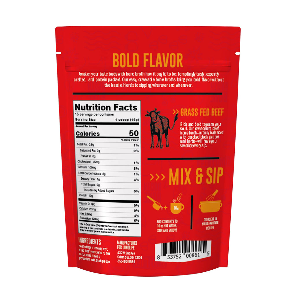 Low Sodium Beef Bone Broth Powder - 8-Ounce Bulk Container | LonoLife